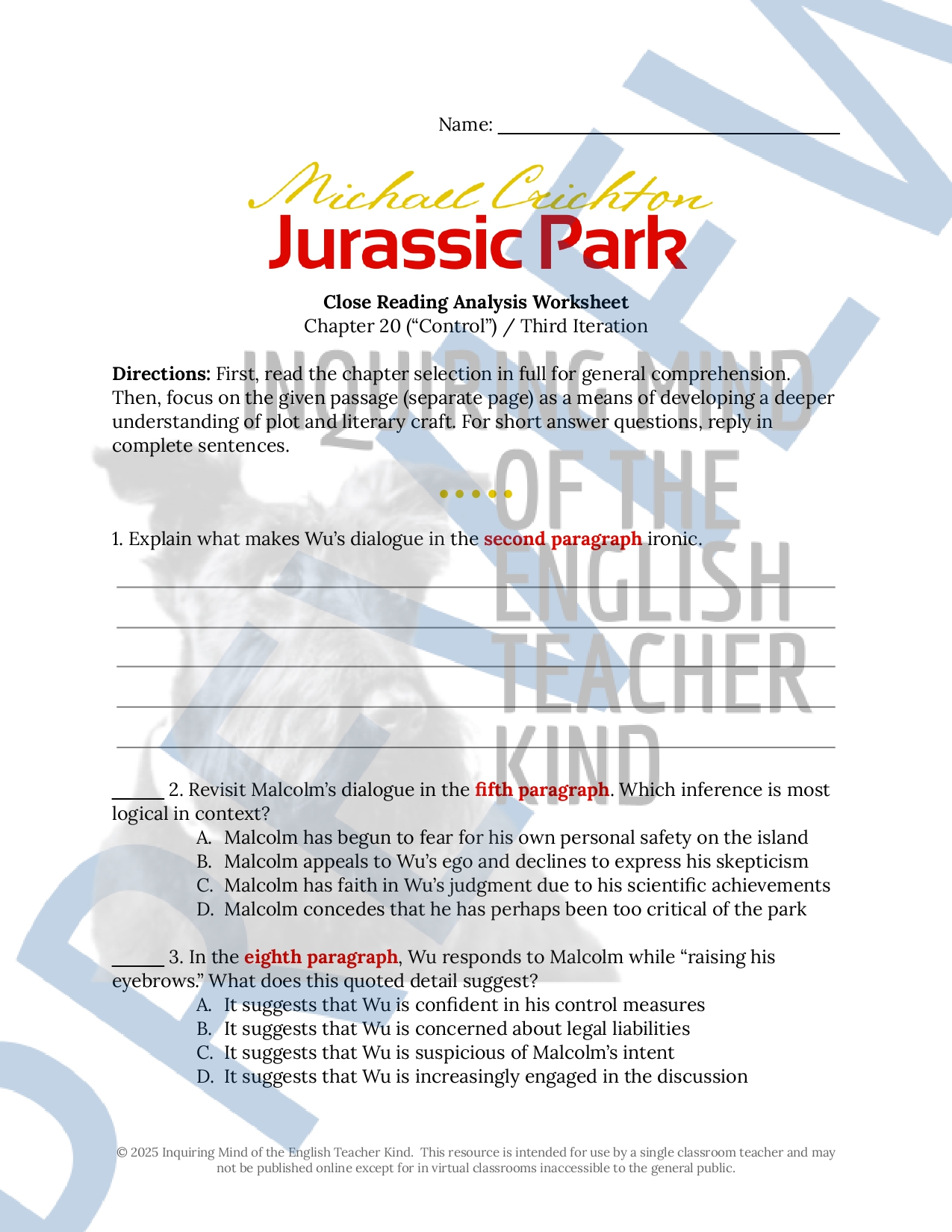 Jurassic Park by Michael Crichton Chapter 20 Close Reading Analysis ...
