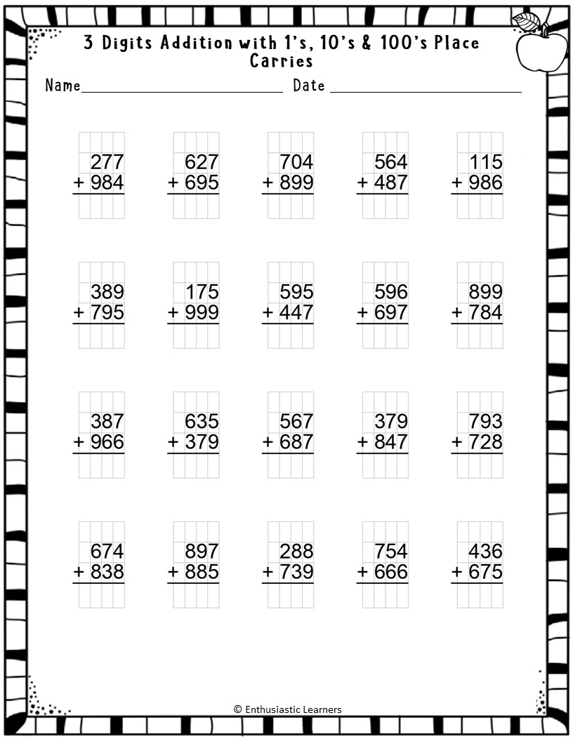 3-Digit Addition with One’s, Ten’s & Hundred’s Place Carrying ...
