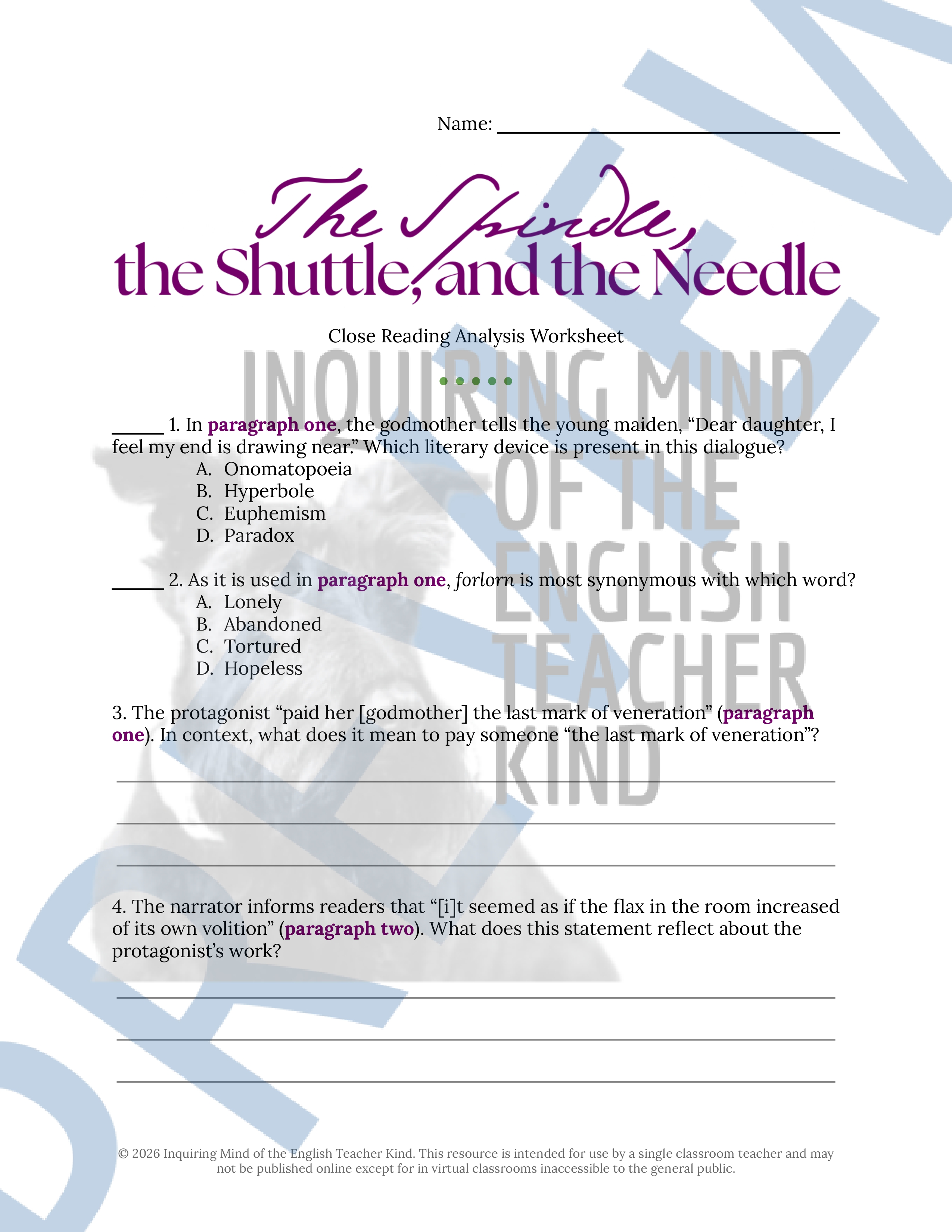 "The Spindle, Shuttle, and Needle" Close Reading Analysis Worksheet ...