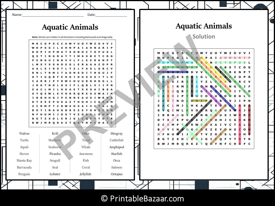 Aquatic Animals Word Search Puzzle Worksheet Activity | Teaching Resources