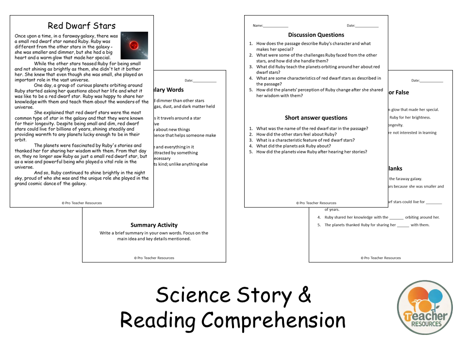 Red Dwarf Stars Reading Science Story Comprehension Questions Worksheet
