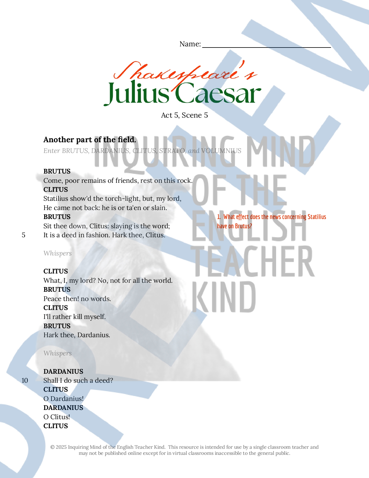 Julius Caesar Act 5 Scene 5 Close Reading Analysis Worksheet and Answer ...