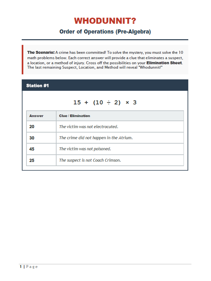 Order of Operations Pre-Algebra Whodunnit (Grades 5-8) | Teaching Resources