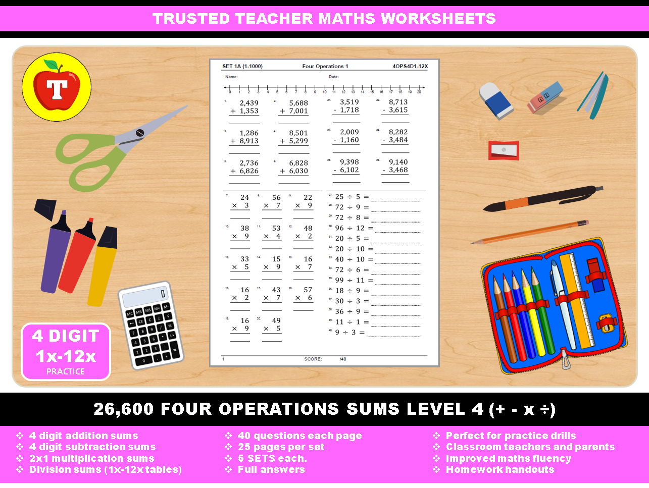 26,000 Four Operations Sums LEVEL 4 - 4 Digit Sums & 1-12x Tables ...