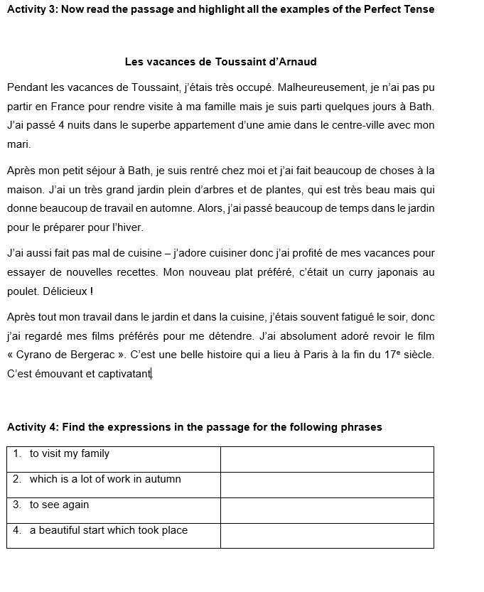 Perfect Tense French GCSE Reading Listening Activity Teaching