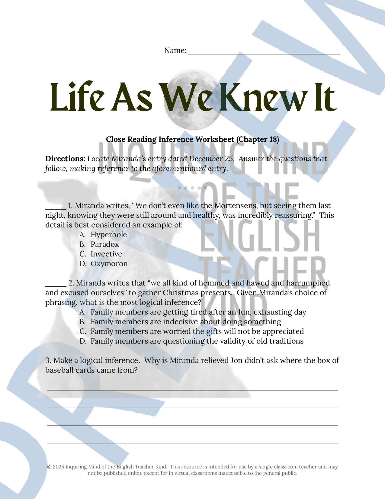 Life As We Knew It Chapter 18 Close Reading Inference Worksheet and ...