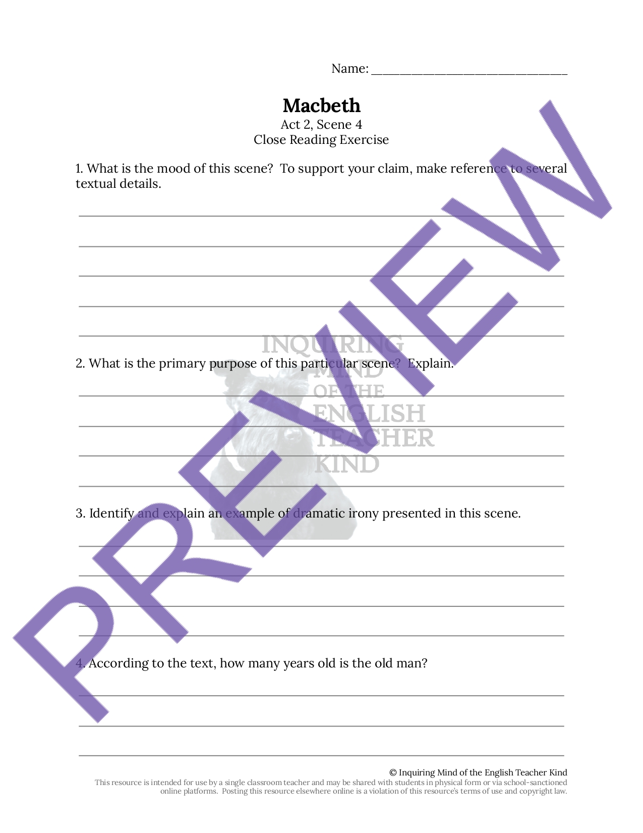 Macbeth Act 2 Scene 4 Close Reading Worksheet | Teaching Resources