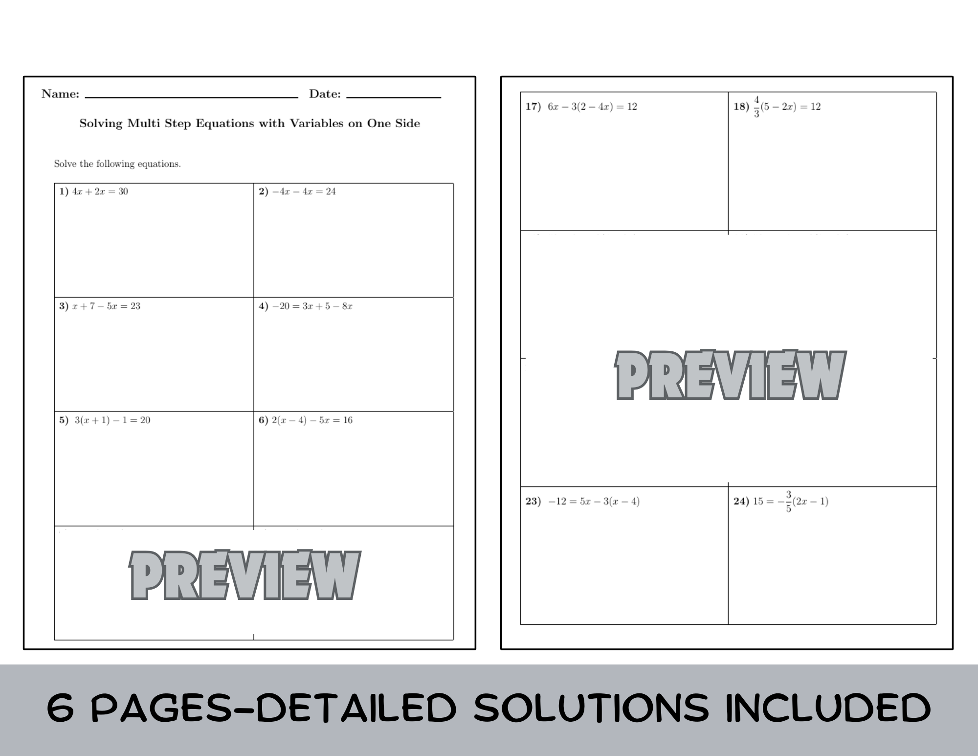 Solving Multi Step Equations with Variables on One Side Worksheet (w ...