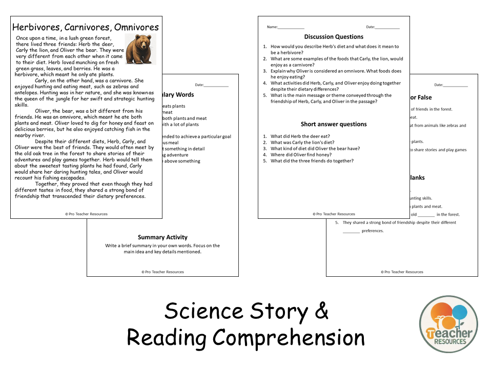 Herbivores, Carnivores, Omnivores Reading Science Story Comprehension ...