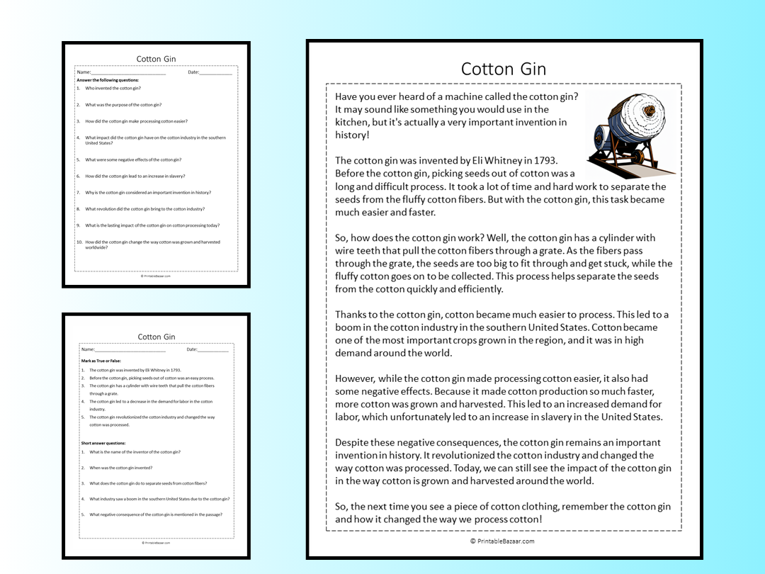 Cotton Gin Reading Comprehension Passage Printable Worksheet | Teaching ...