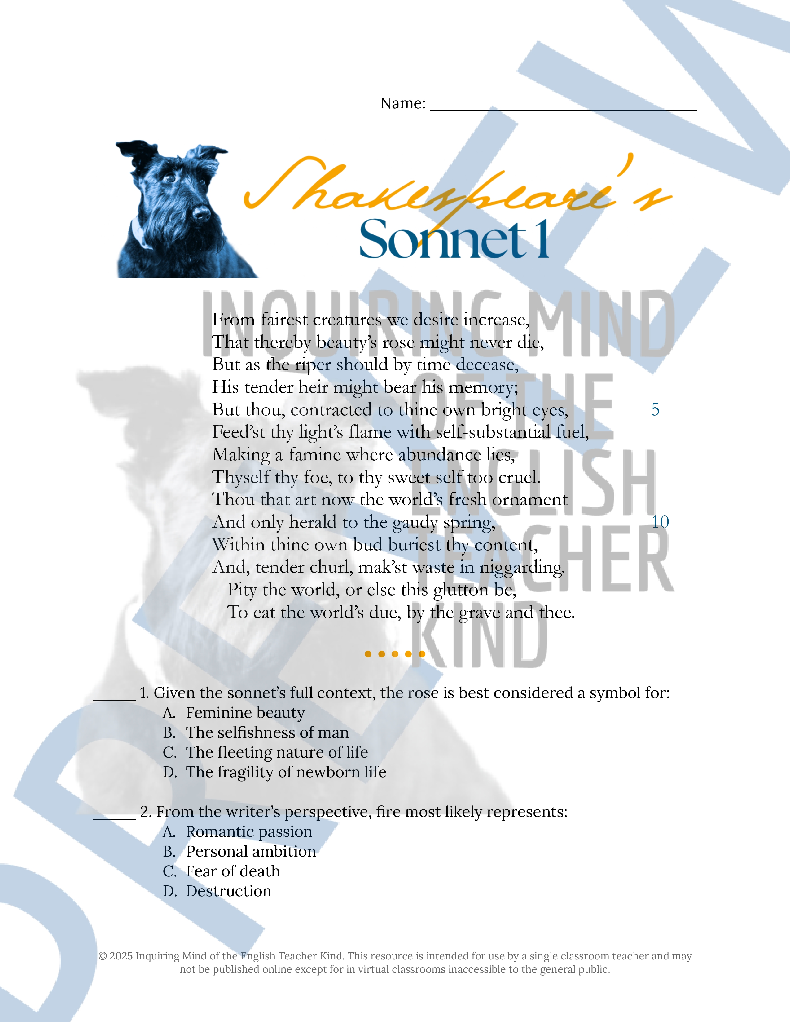 Shakespeare's Sonnet 1 Close Reading Worksheet and Answer Key | Poetry ...