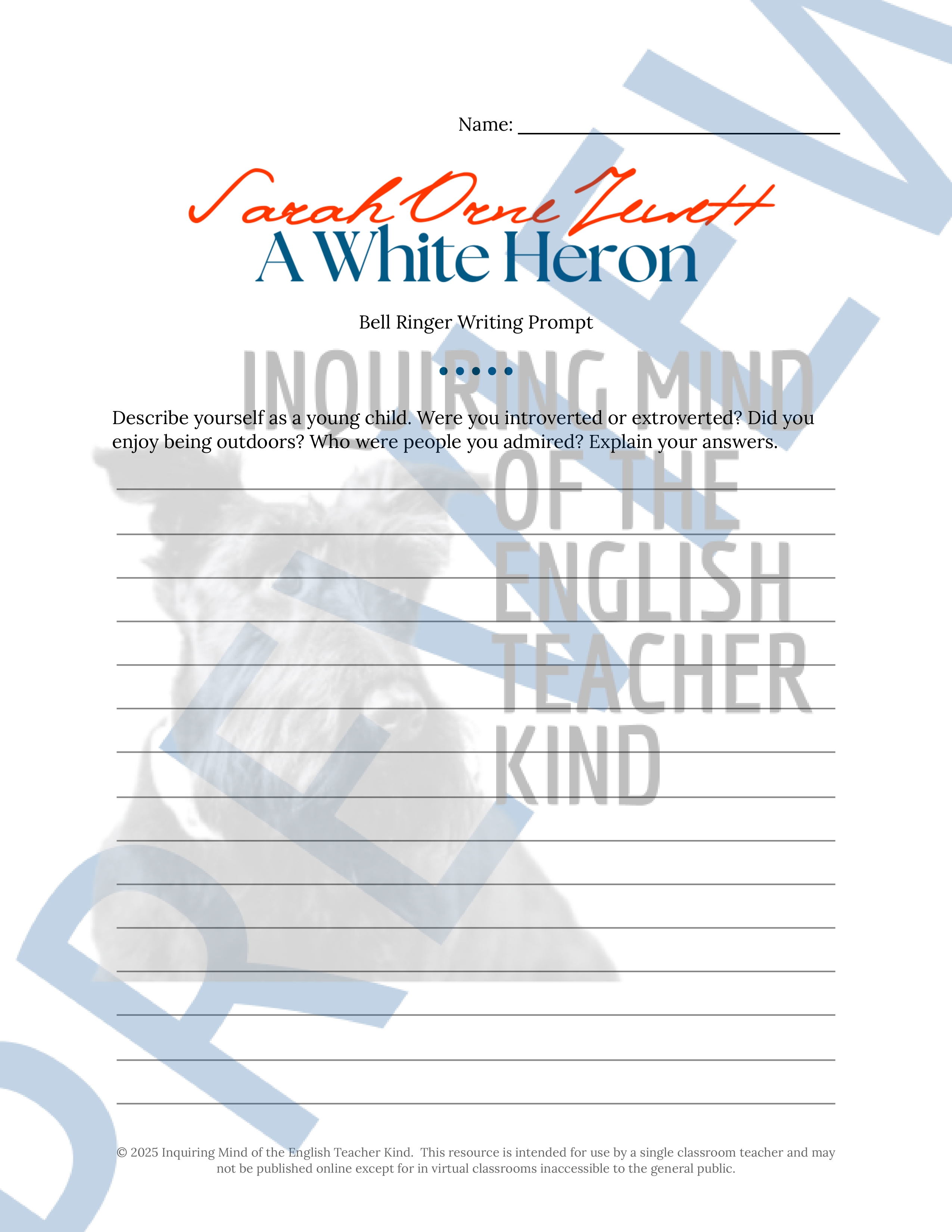 "A White Heron" by Sarah Orne Jewett Close Reading Worksheet and ...