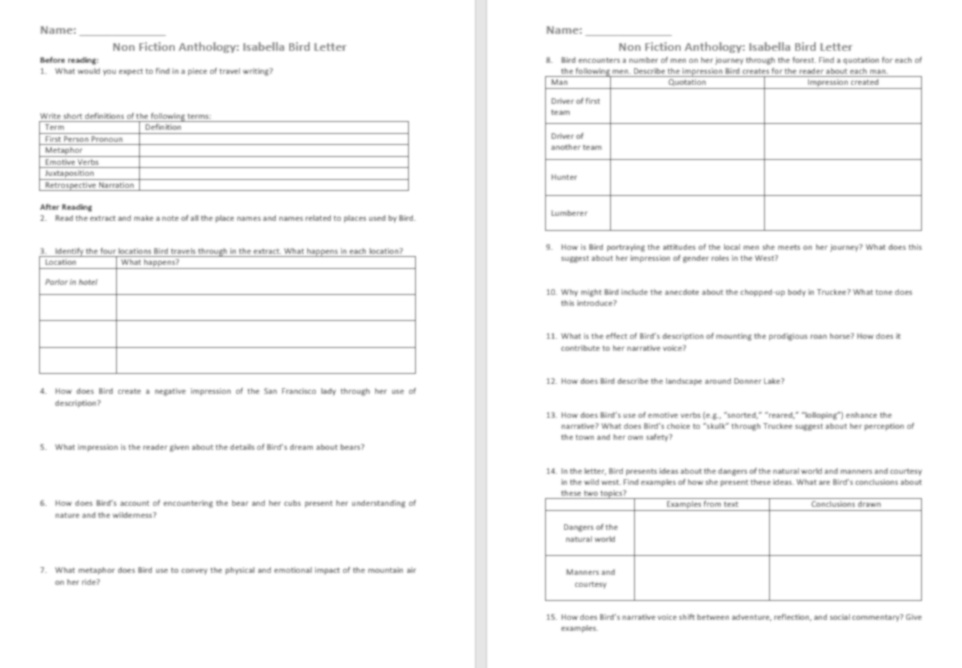 OCR EMC Isabella Bird Letter Worksheet, PowerPoints and Unseen Text ...