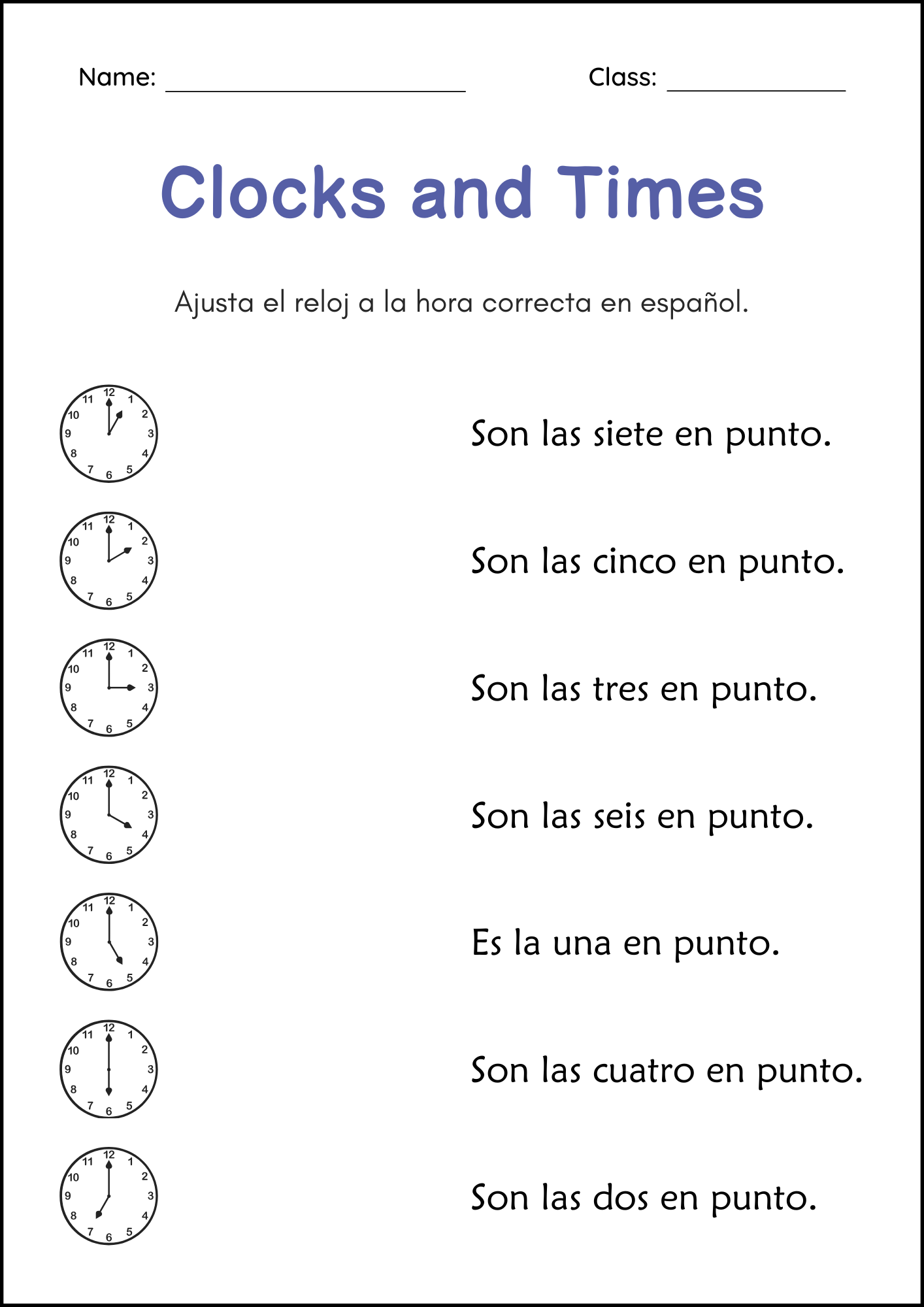 How to Tell Time Practice Activities Worksheets in Spanish - Cómo Decir ...