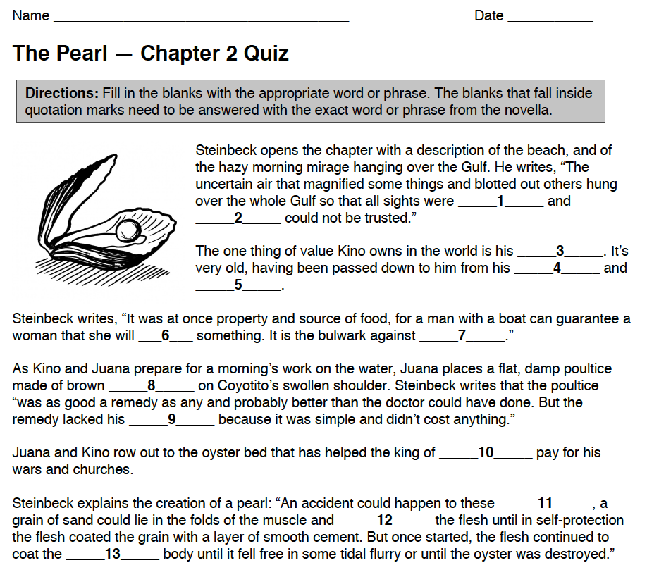 The Pearl by John Steinbeck Novel Chapter Quizzes w/ Answers (6 Quizzes ...
