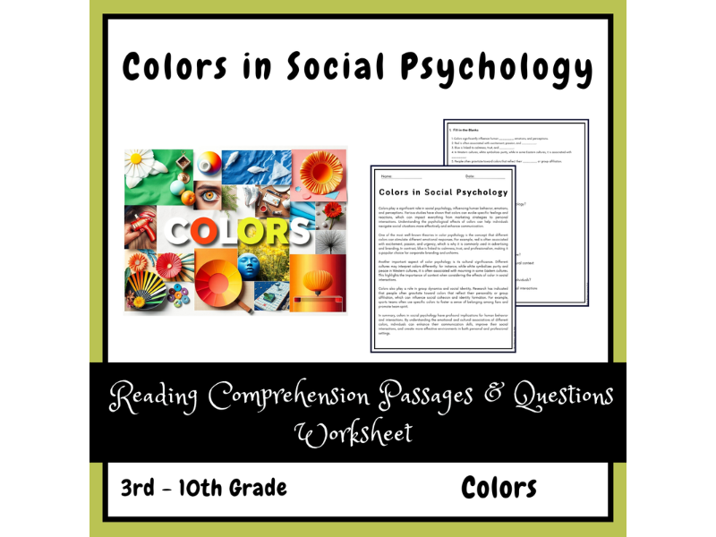 Colors in Social Psychology Reading Comprehension Passages & Questions ...