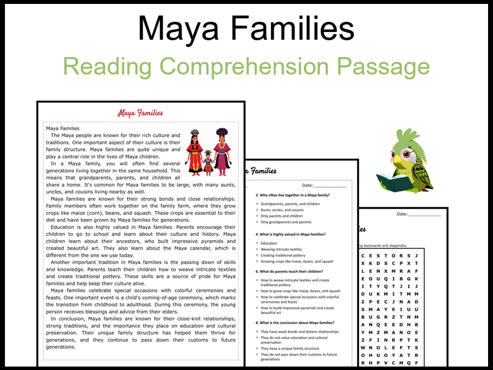 Maya Families Reading Comprehension and Word Search | Teaching Resources