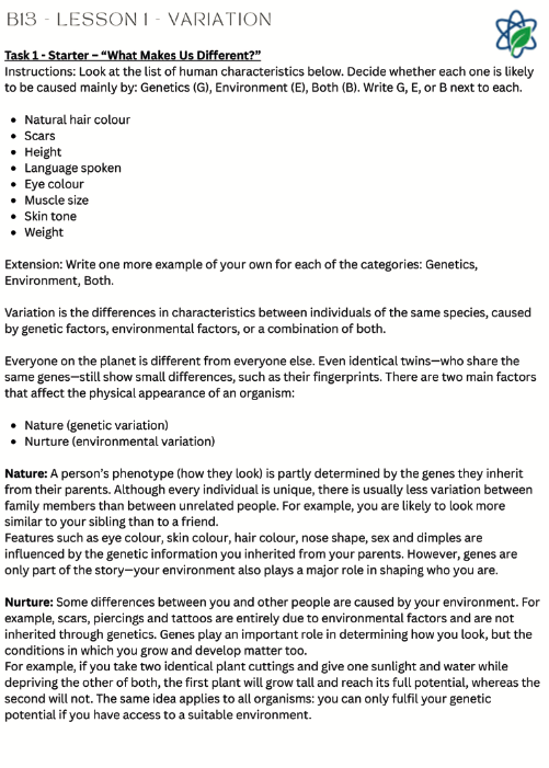 B13/L1 - Variation / GCSE / AQA/ Combined Science | Teaching Resources