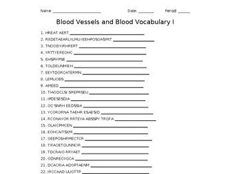 Blood Vessels and Blood Vocabulary I Word Scramble for Medical ...