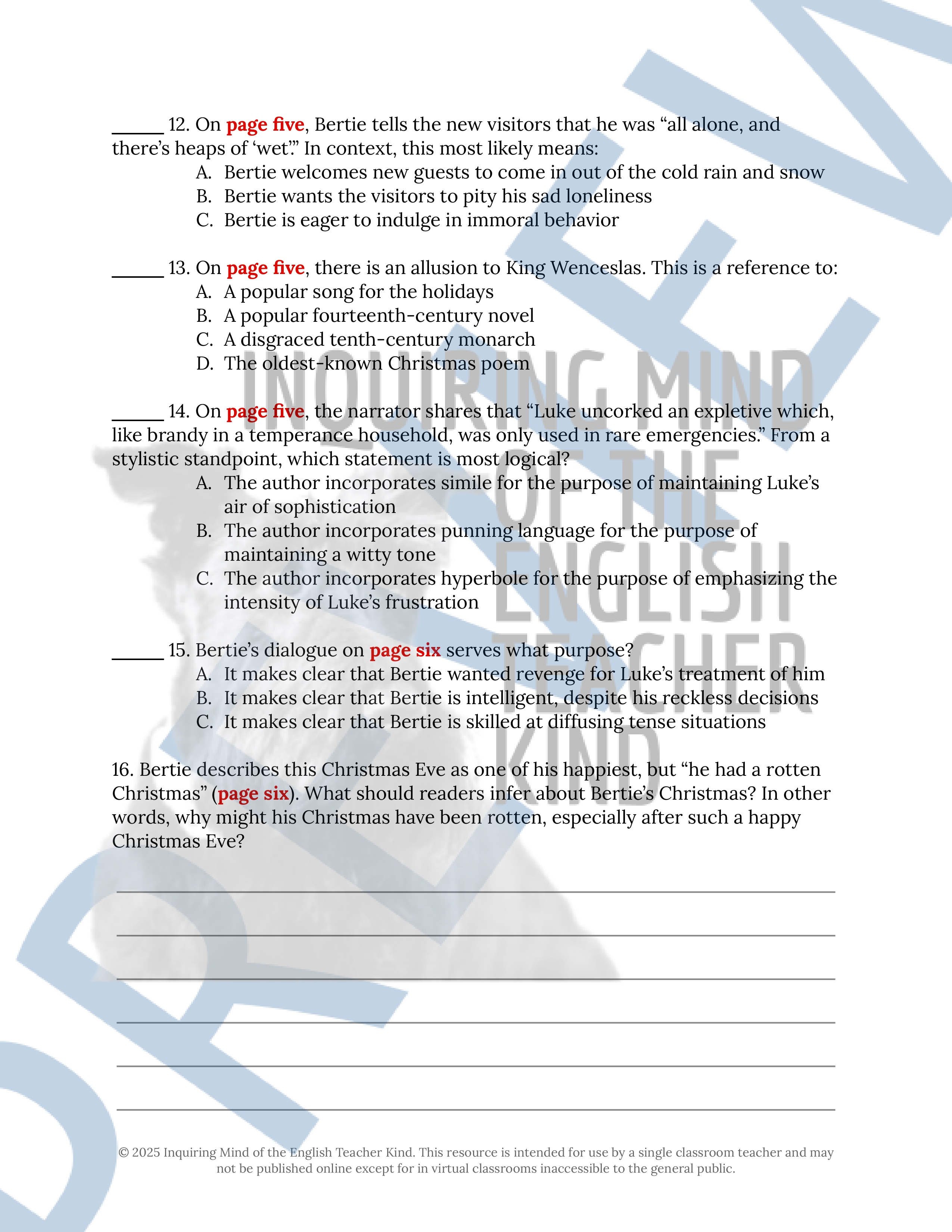 "Bertie's Christmas Eve" by Saki Literary Analysis Worksheet | Holiday ...