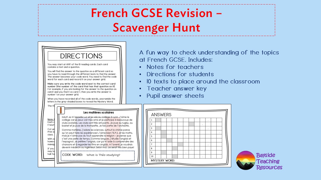 GCSE French scavenger hunt | Topics revision | Teaching Resources