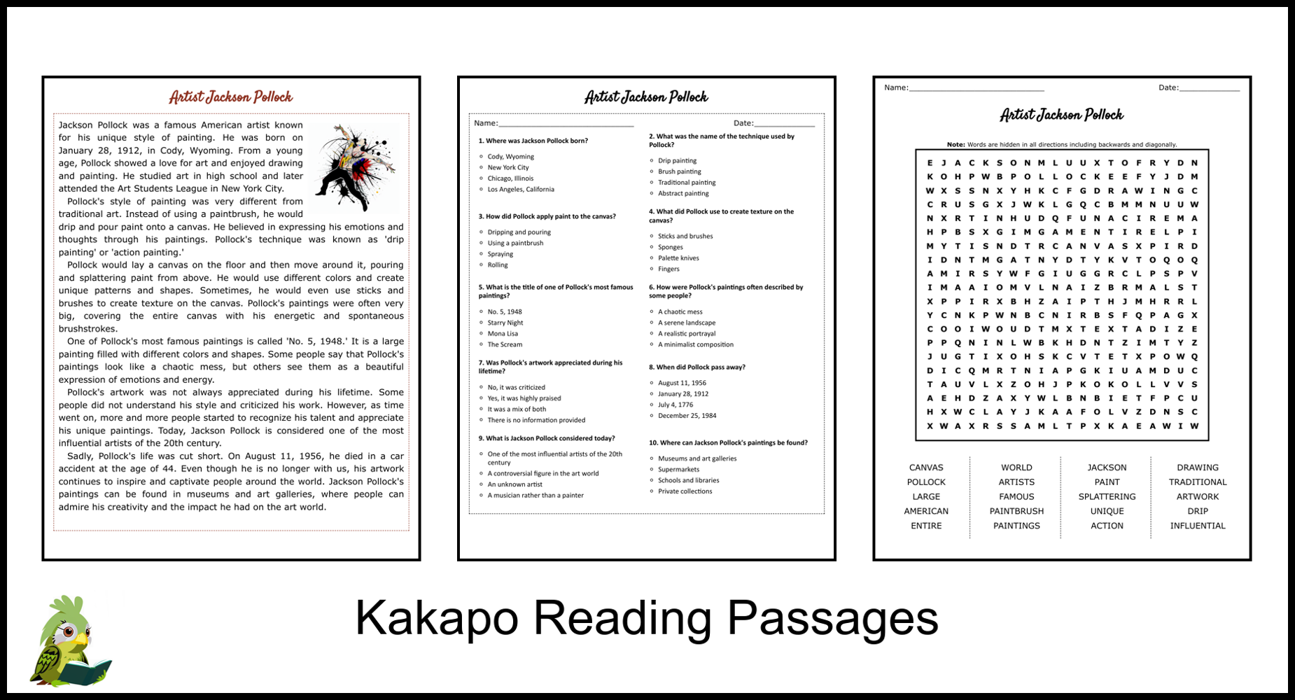 Artist Jackson Pollock Reading Comprehension and Word Search | Teaching ...
