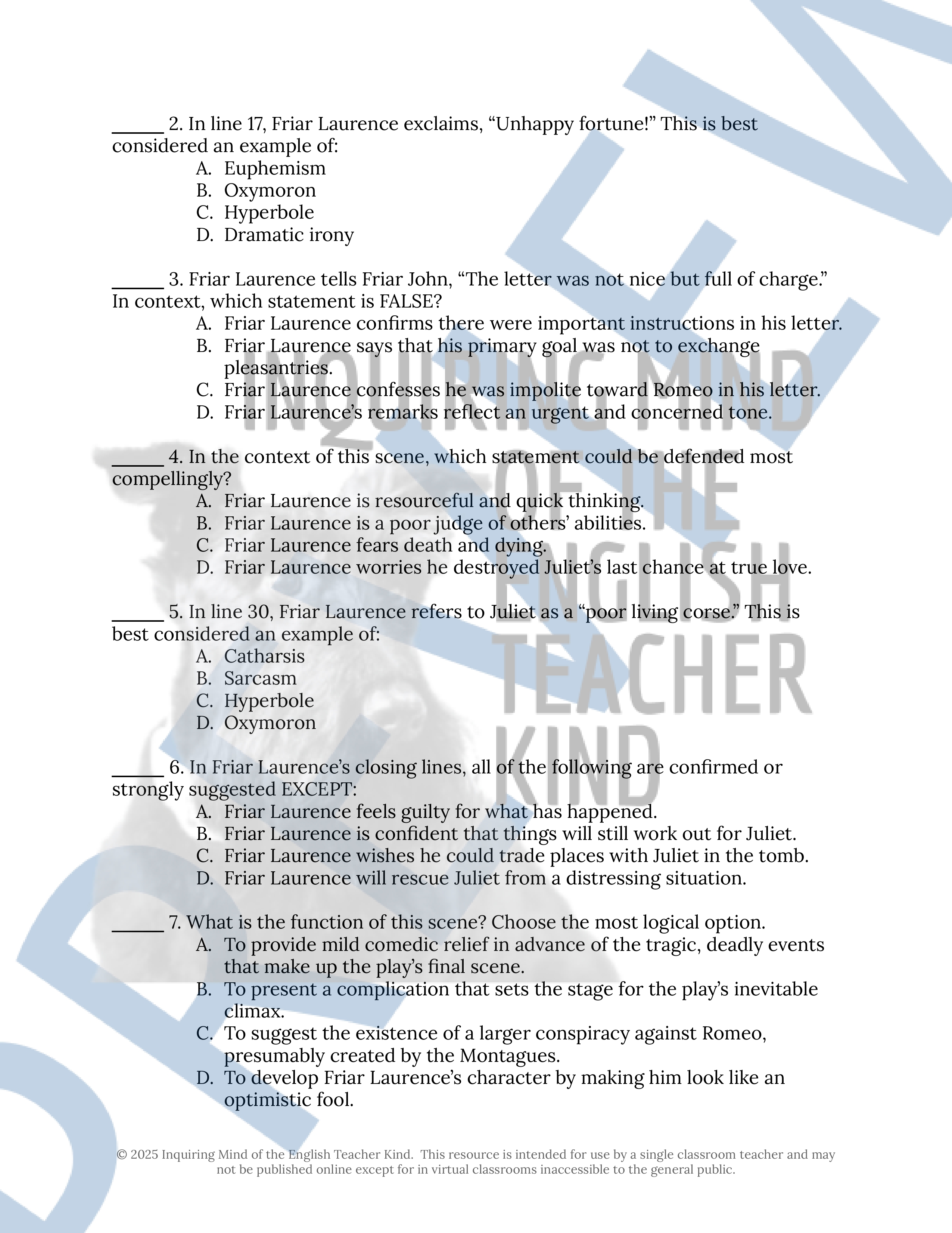 Romeo and Juliet Act 5 Scene 2 Close Reading Worksheet | Teaching Resources