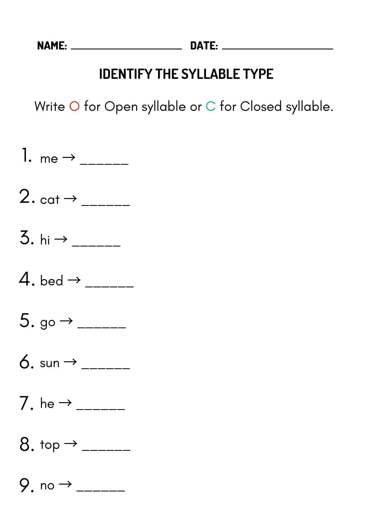 Printable Open and Closed Syllables Worksheet | Teaching Resources