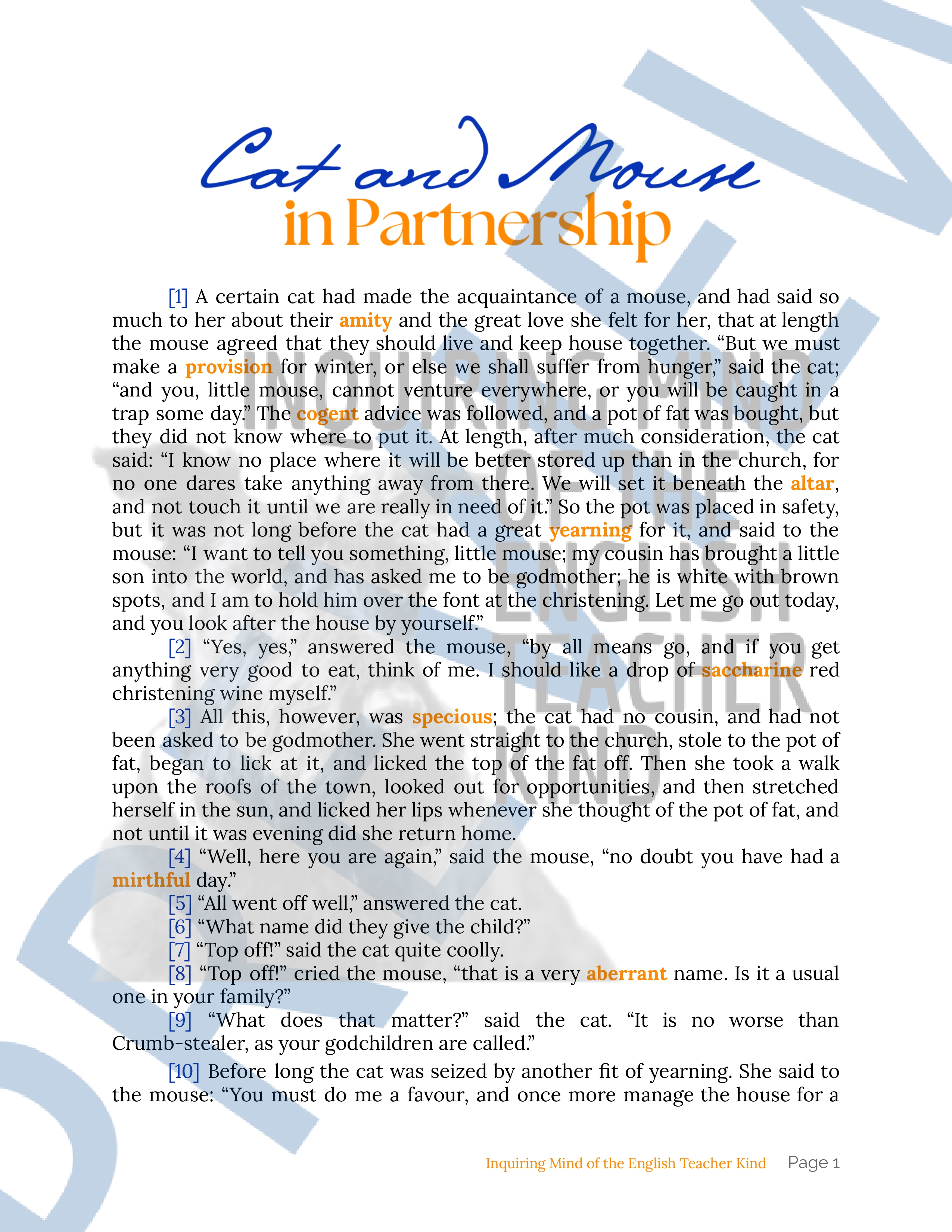 "Cat and Mouse in Partnership" Quiz and Answer Key | Brothers Grimm ...