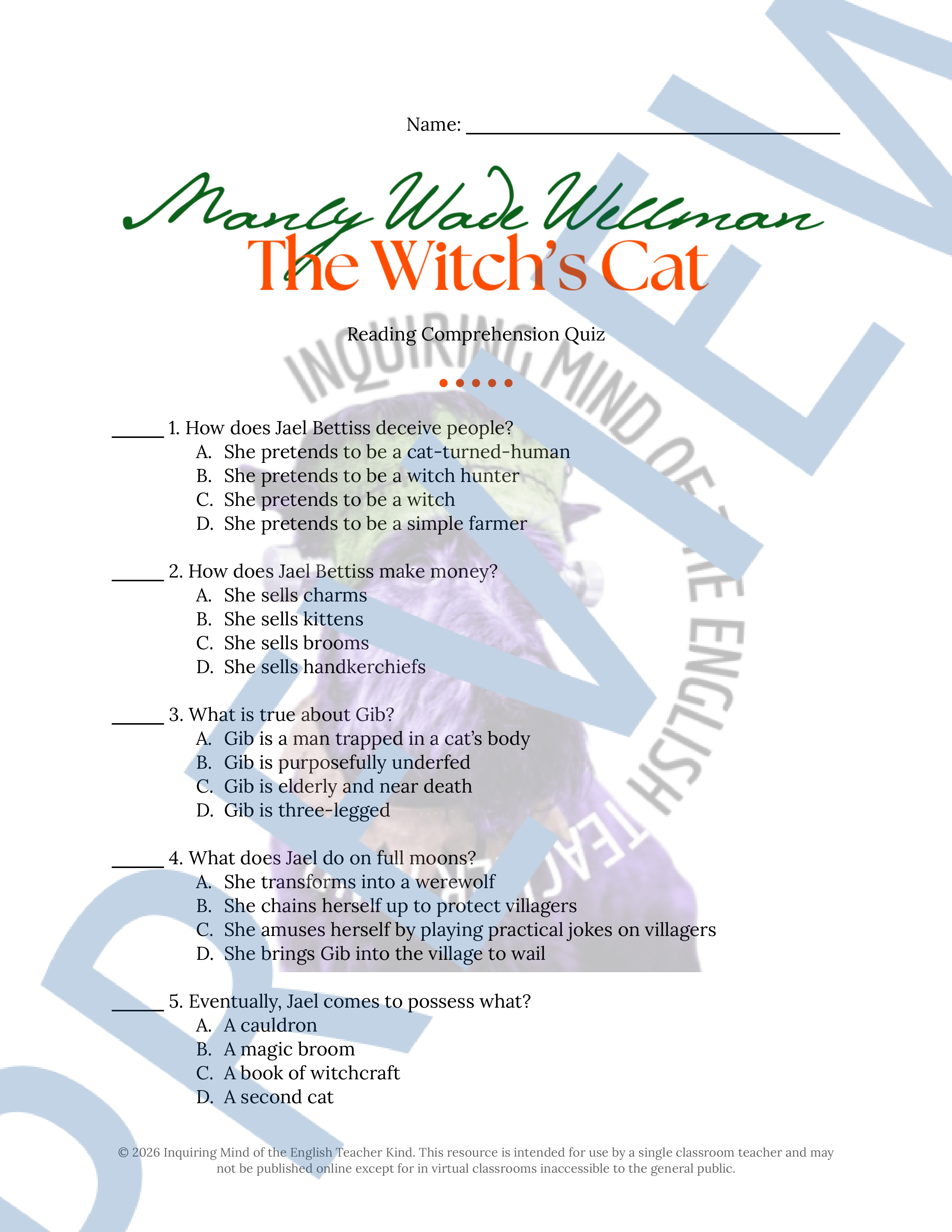 "The Witch's Cat" Quiz and Answer Key (Halloween Story with ...