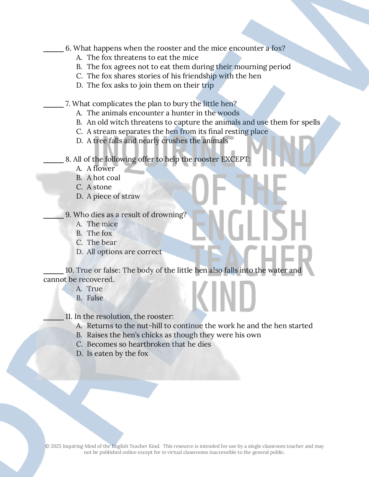 "The Death of the Little Hen" Quiz and Answer Key (Grimm's Fairy Tales ...