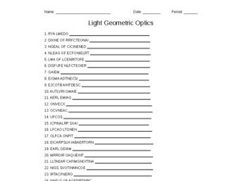 Light and Geometric Optics Vocabulary Word Scramble for Physics ...