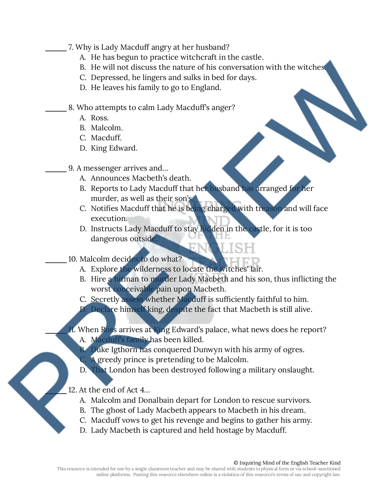 Macbeth Act 4 Quiz and Answer Key | Teaching Resources
