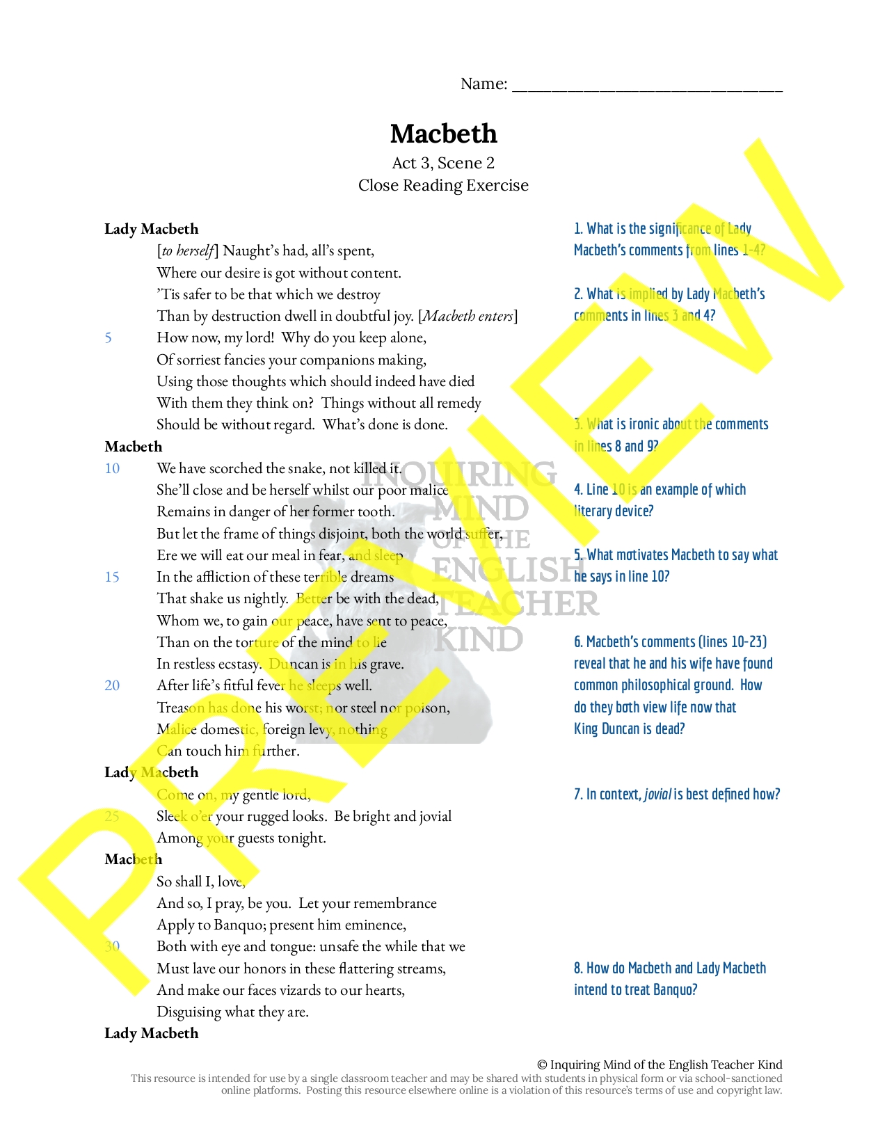 Macbeth Act 3 Scene 2 Close Reading Worksheet | Teaching Resources