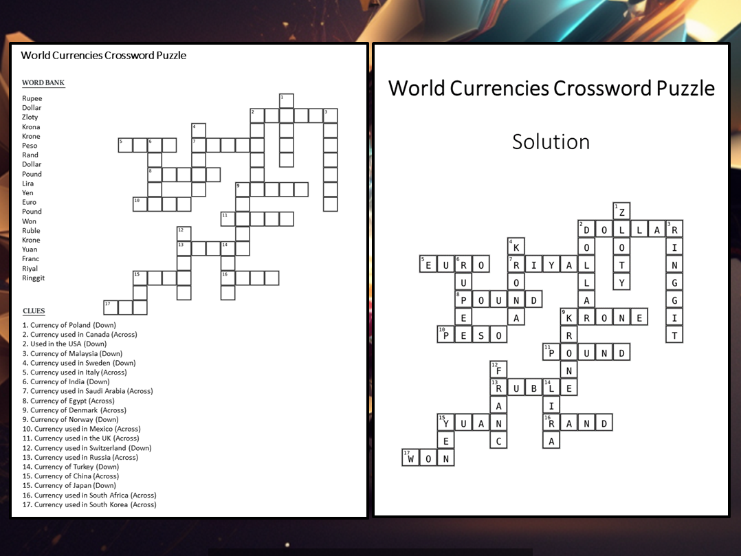 World Currencies Crossword Puzzle Worksheet Activity Teaching Resources