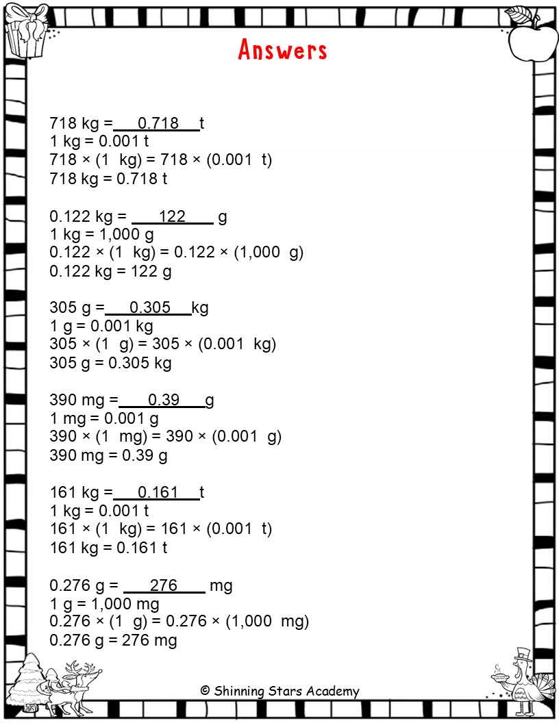 Conversion of Metric-to-Metric Unit (Mass) (t, kg, g, mg) Worksheets ...