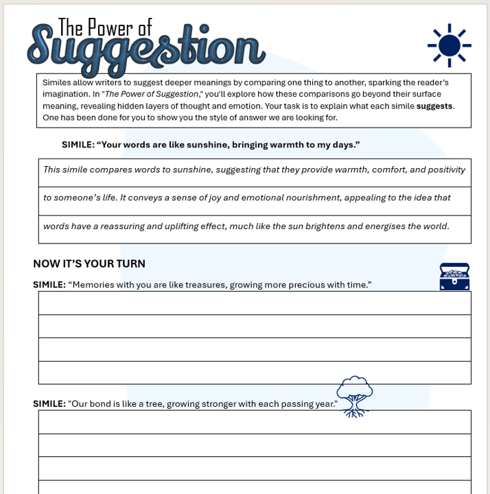 Explaining and Analysing Similes – 10 Do Now Worksheets for GCSE ...