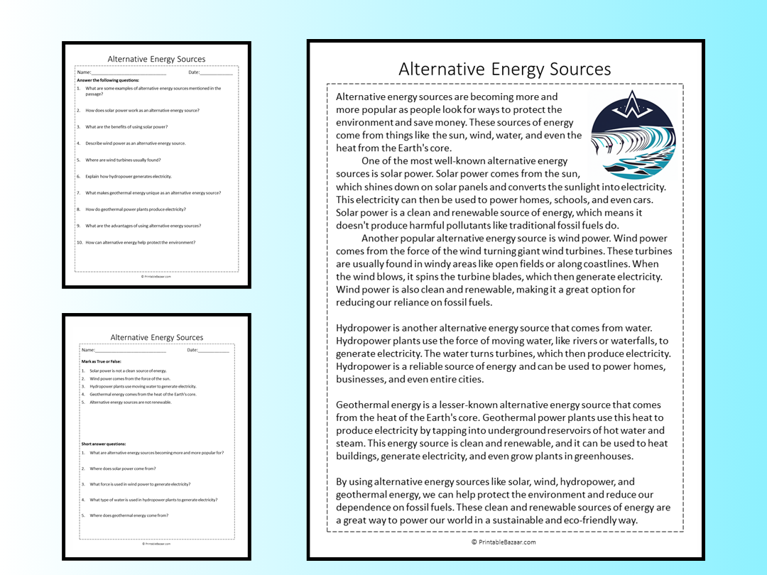 Alternative Energy Sources Reading Comprehension Passage Printable ...