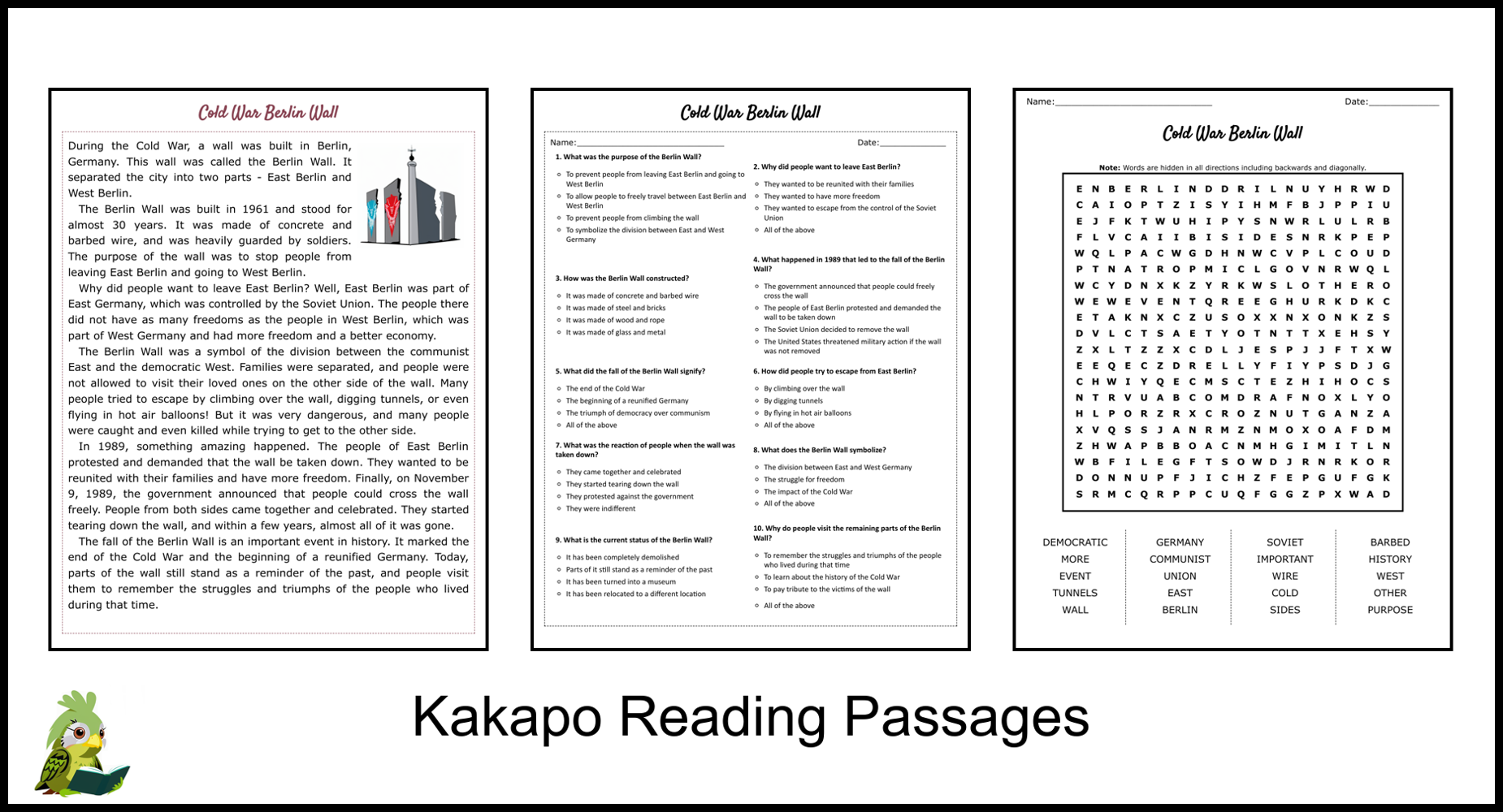 Cold War Berlin Wall Reading Comprehension and Word Search | Teaching ...