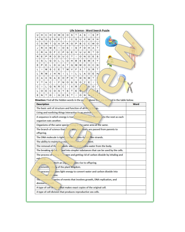 Life Science (Biology) - Word Search Puzzle Worksheet Activity ...