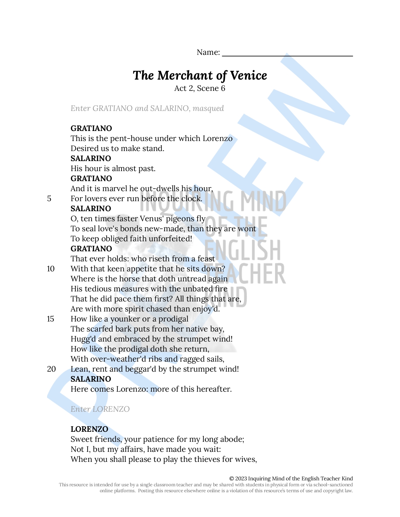 The Merchant of Venice Act 2 Scene 6 Close Reading Analysis Activity | Teaching Resources
