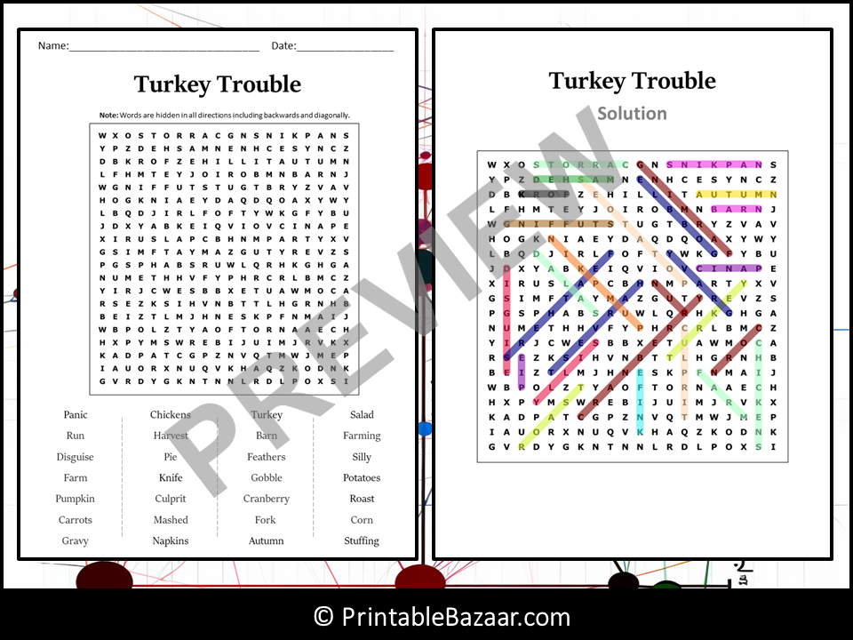 Turkey Trouble Word Search Puzzle Worksheet Activity | Teaching Resources