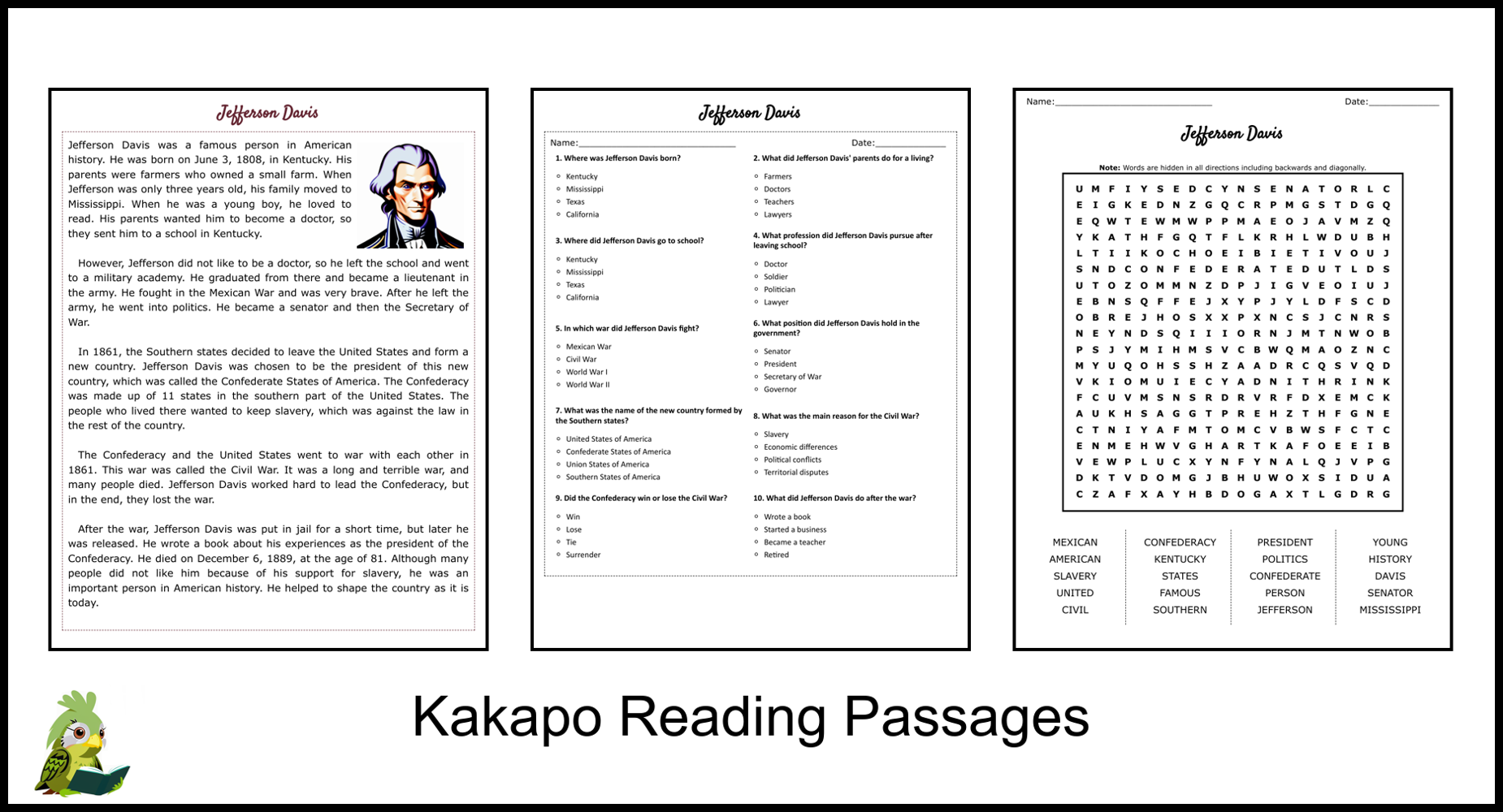 Jefferson Davis Reading Comprehension and Word Search | Teaching Resources
