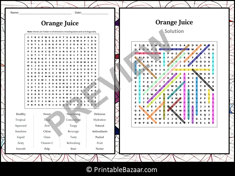 Orange Juice Word Search Puzzle Worksheet Activity | Teaching Resources