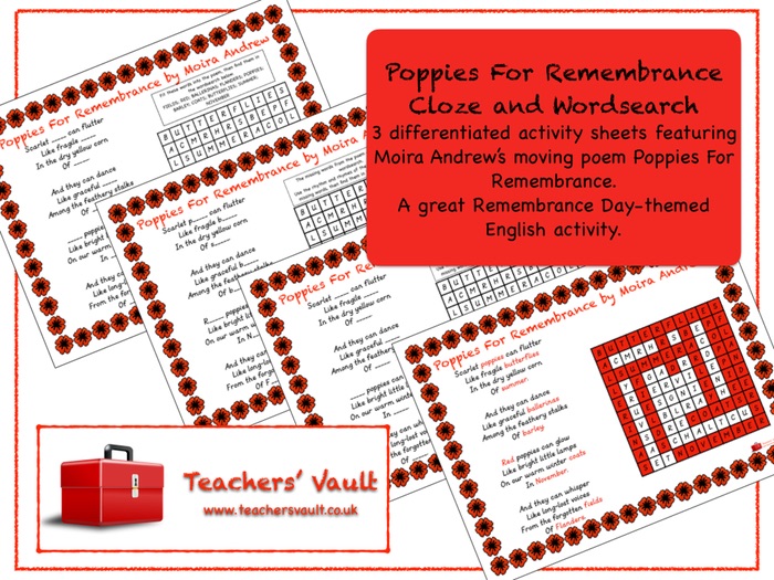 Poppies For Remembrance Cloze and Word search | Teaching Resources Poppies For Remembrance Cloze and Word search | Teaching Resources