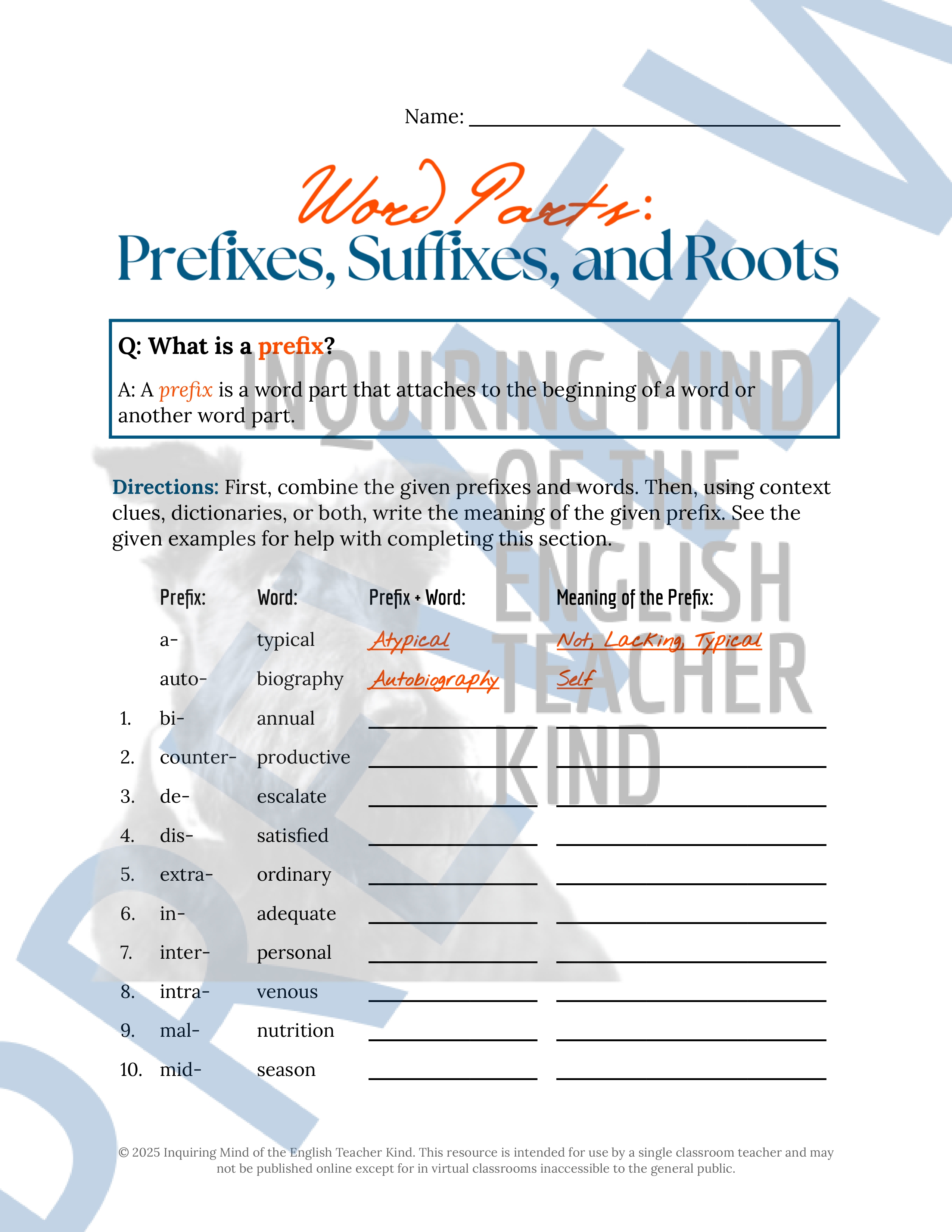 Grammar Review Worksheet on Prefixes, Suffixes, and Roots | Teaching ...