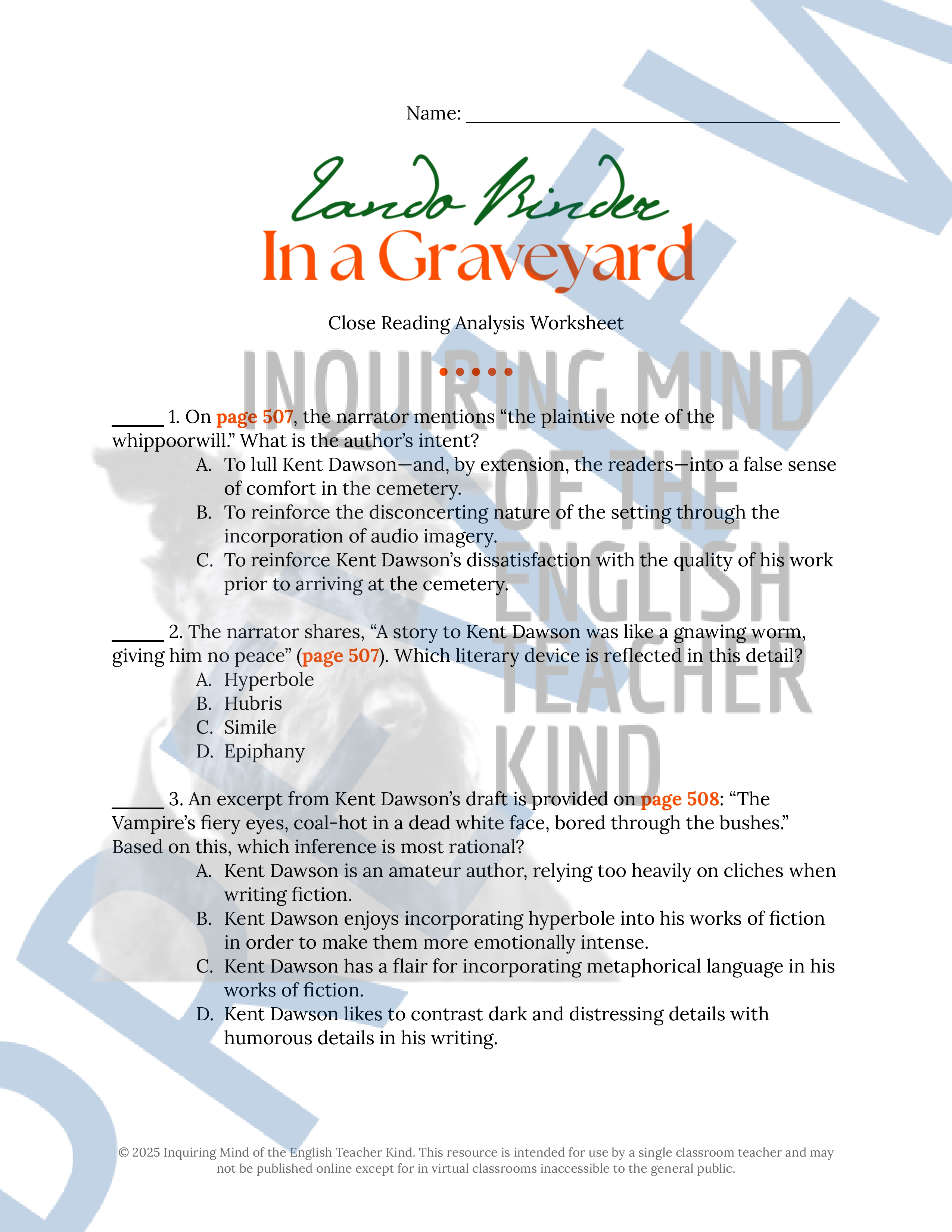 "In a Graveyard" by Eando Binder | Gothic Literary Analysis Worksheet ...