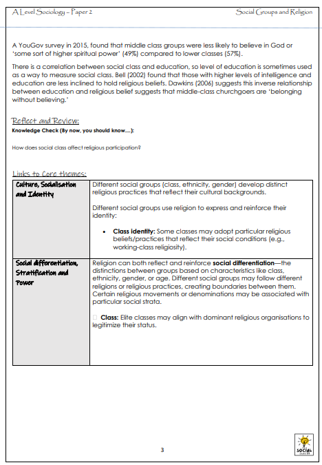 AQA A level Sociology - Beliefs in Society - Social class & Religion ...