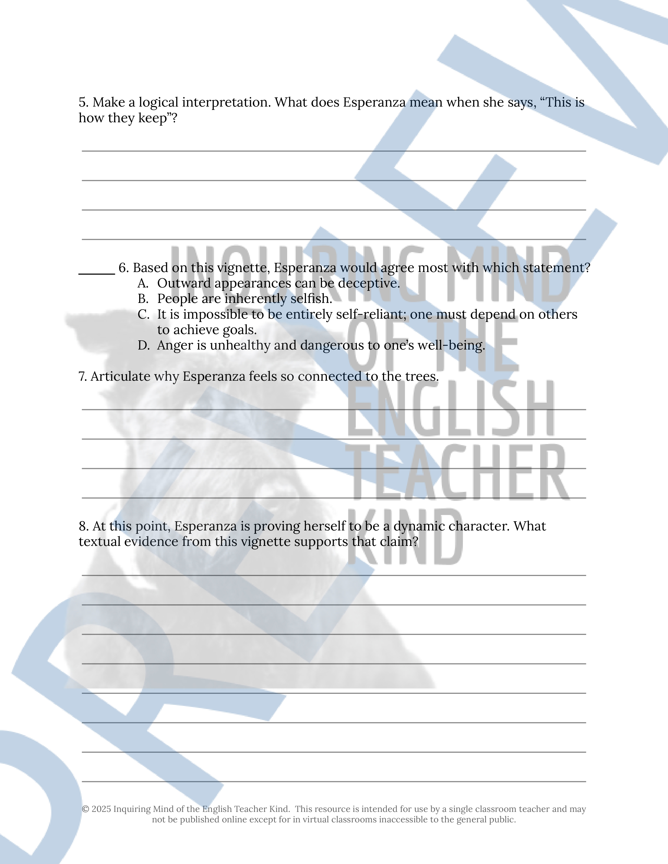 The House on Mango Street "Four Skinny Trees" Close Reading Inference ...