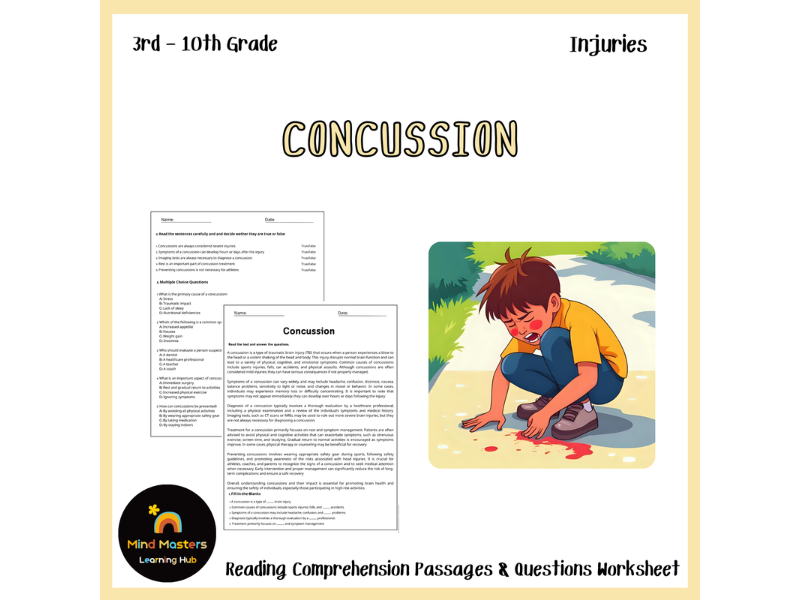 Concussions Reading Comprehension Passages & Questions Worksheets ...